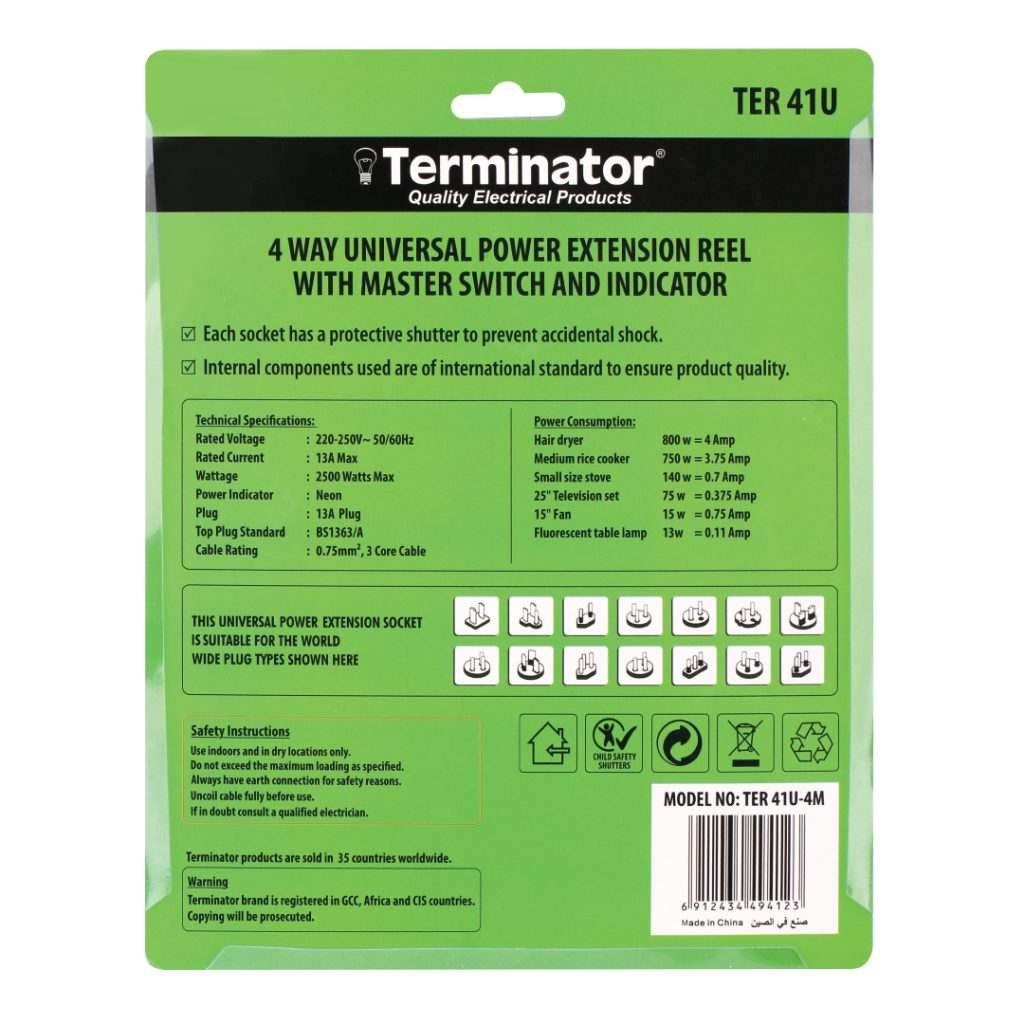 Terminator TER 41U-4M 4-Way Extension Reel with Indicator