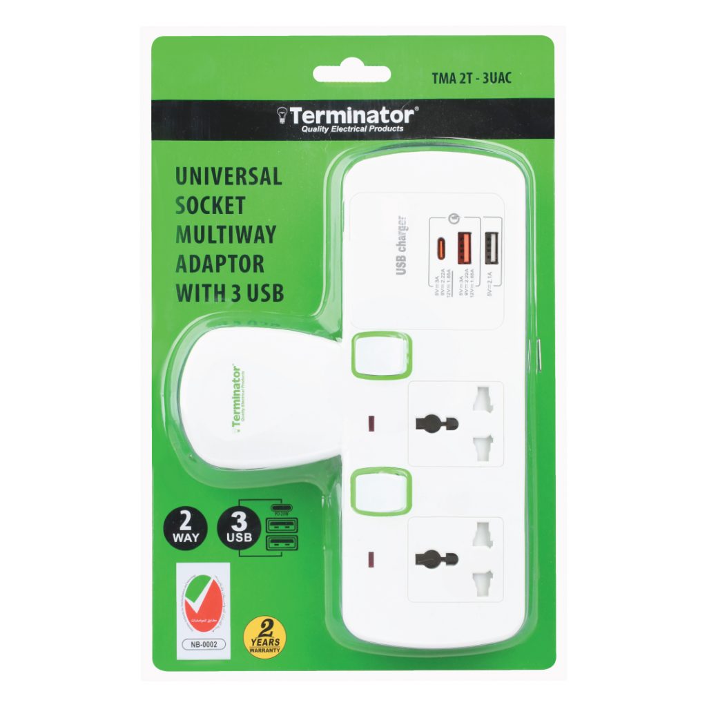 Terminator TMA 2T-3UAC 2 Way Universal T Socket With 3USB