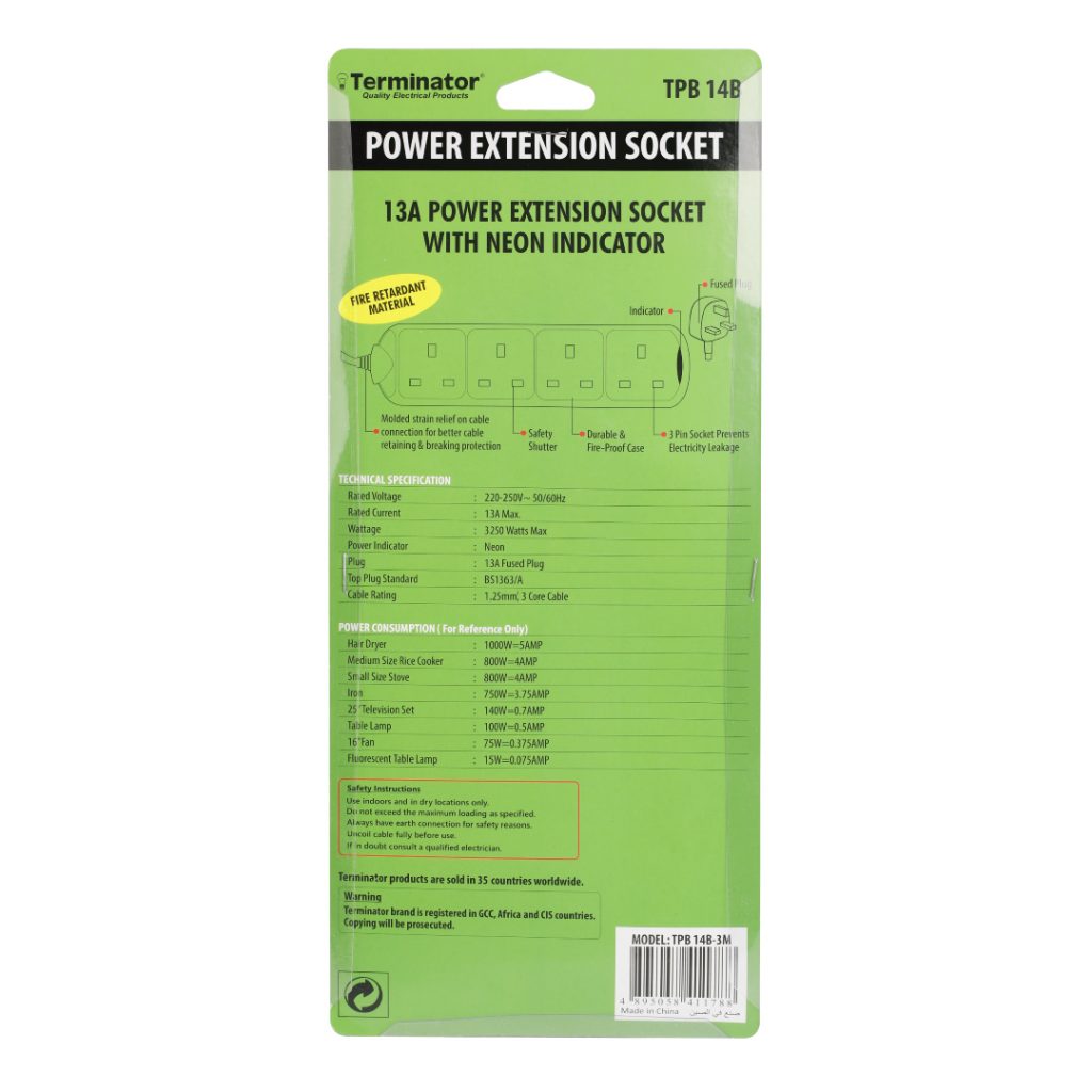 Terminator TPB 14B-3M 4 Way UK Black Power Extension Socket