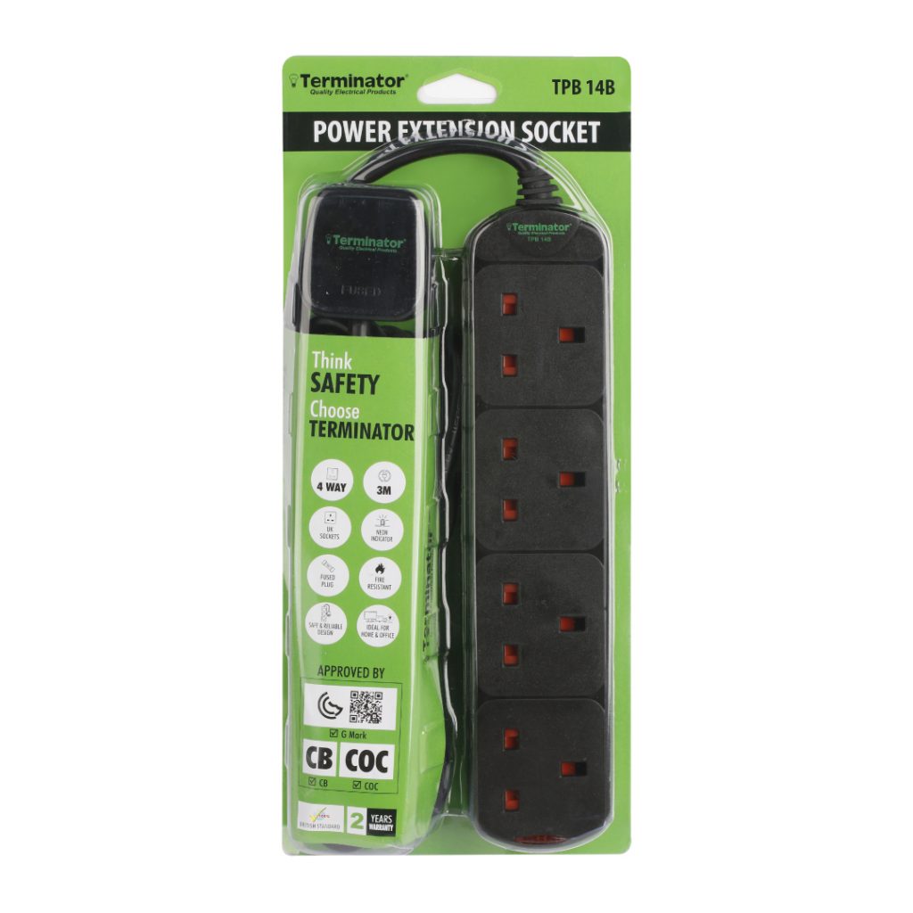 Terminator TPB 14B-3M 4 Way UK Black Power Extension Socket